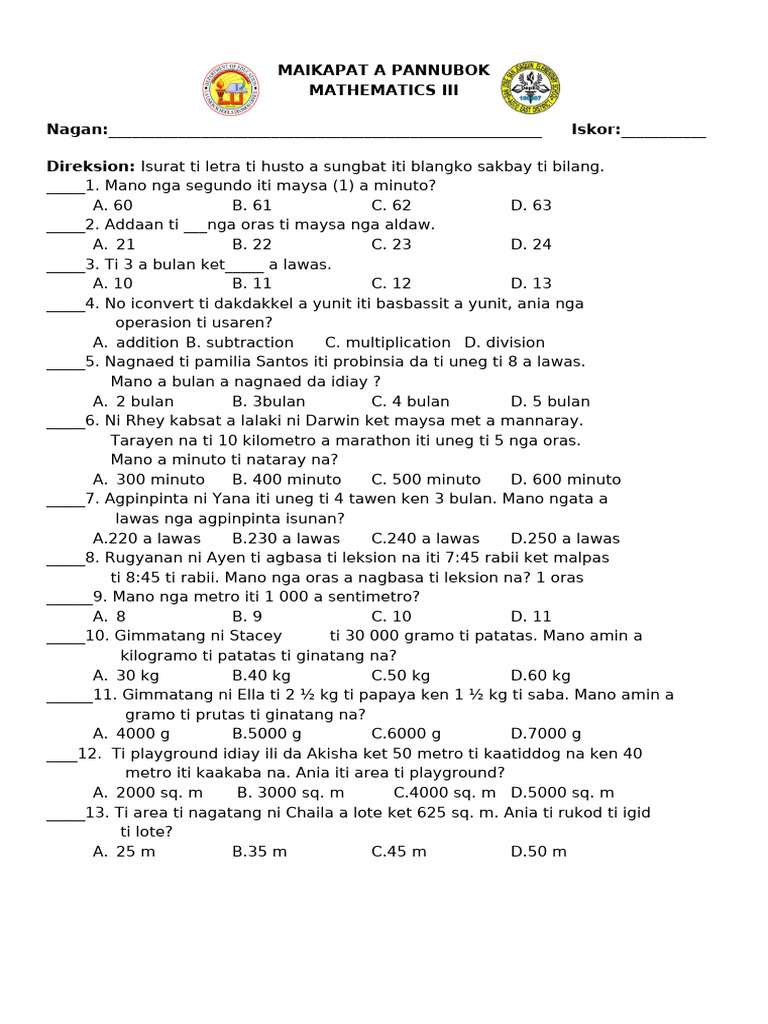 MATH3 TQ 4thquarter | PDF