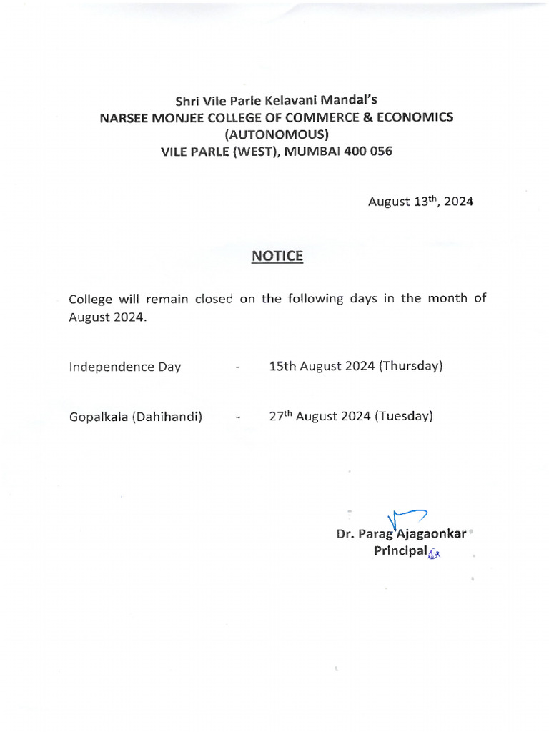 Public Holiday Notice - August 2024 | PDF