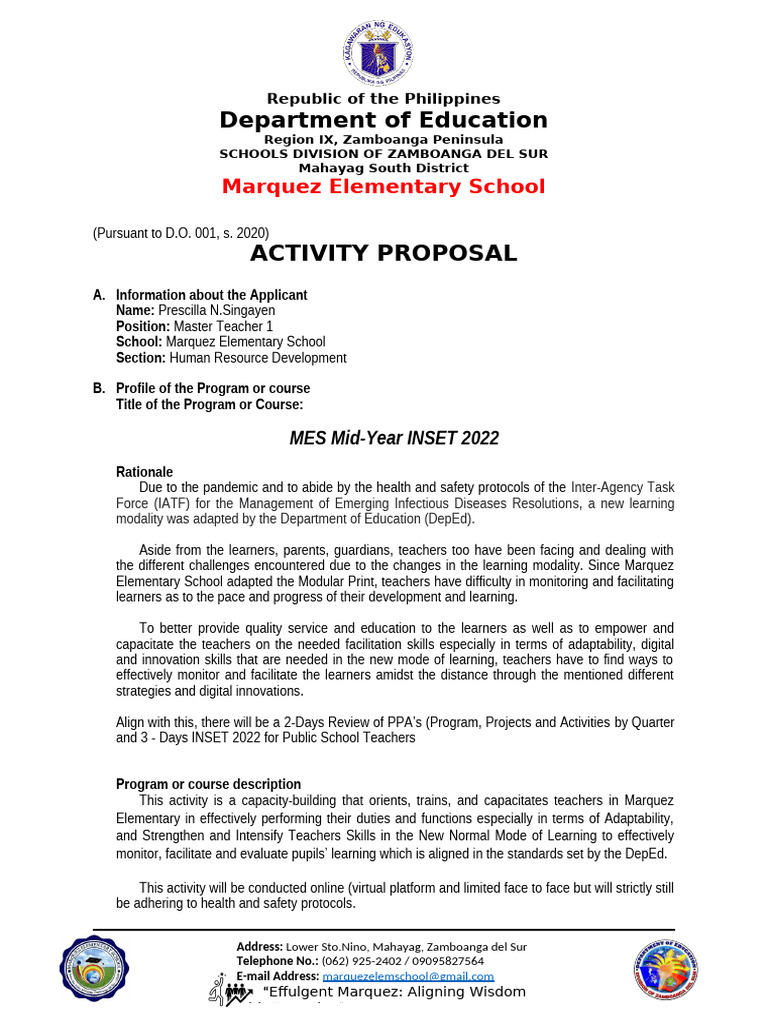 MHS - MES Activity Proposal INSET 2022 | PDF