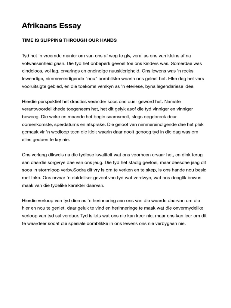 Afrikaans Essay Time Is Slipping Through Our Hands | PDF