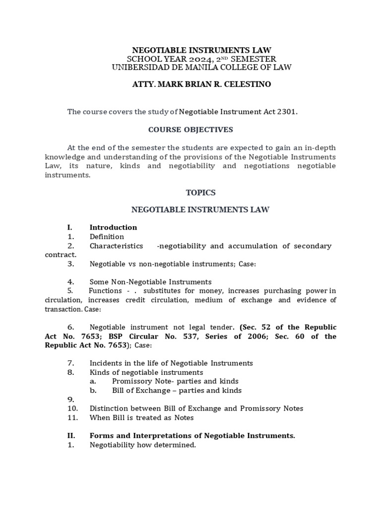 Negotiable Instruments Law | PDF