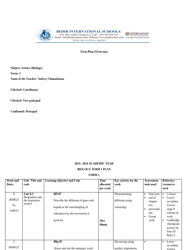 Term Plan For Biology Form 2 | PDF