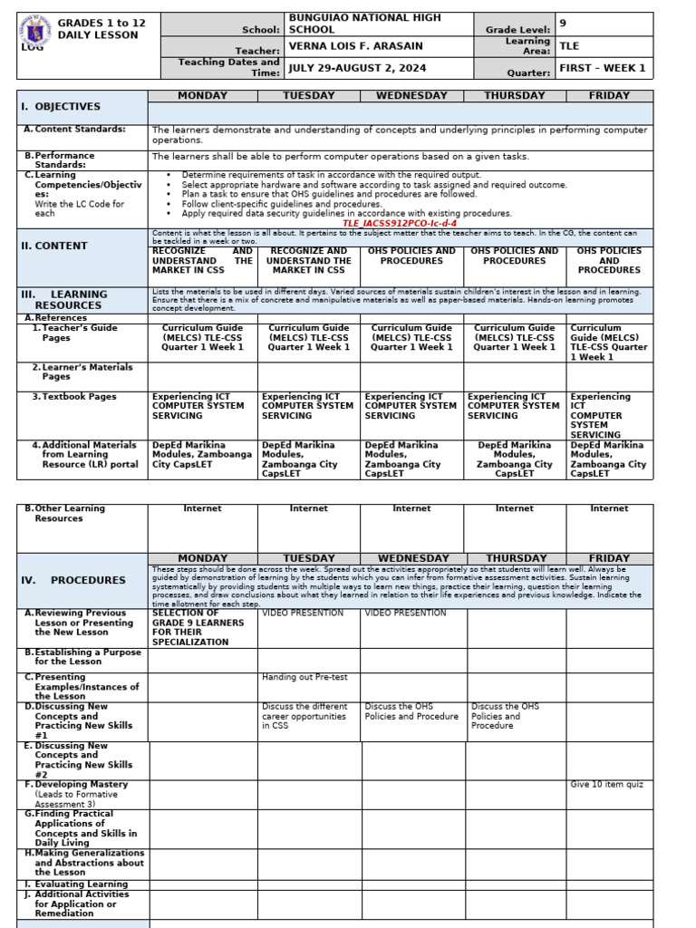 Lesson Plan in TLE 9 WEEK 1 | PDF