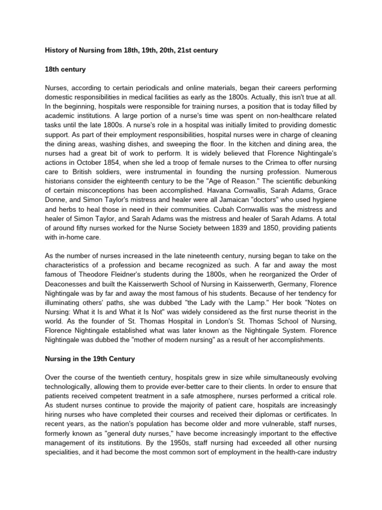 History of Nursing From 18th, 19th, 20th, 21st Century | PDF