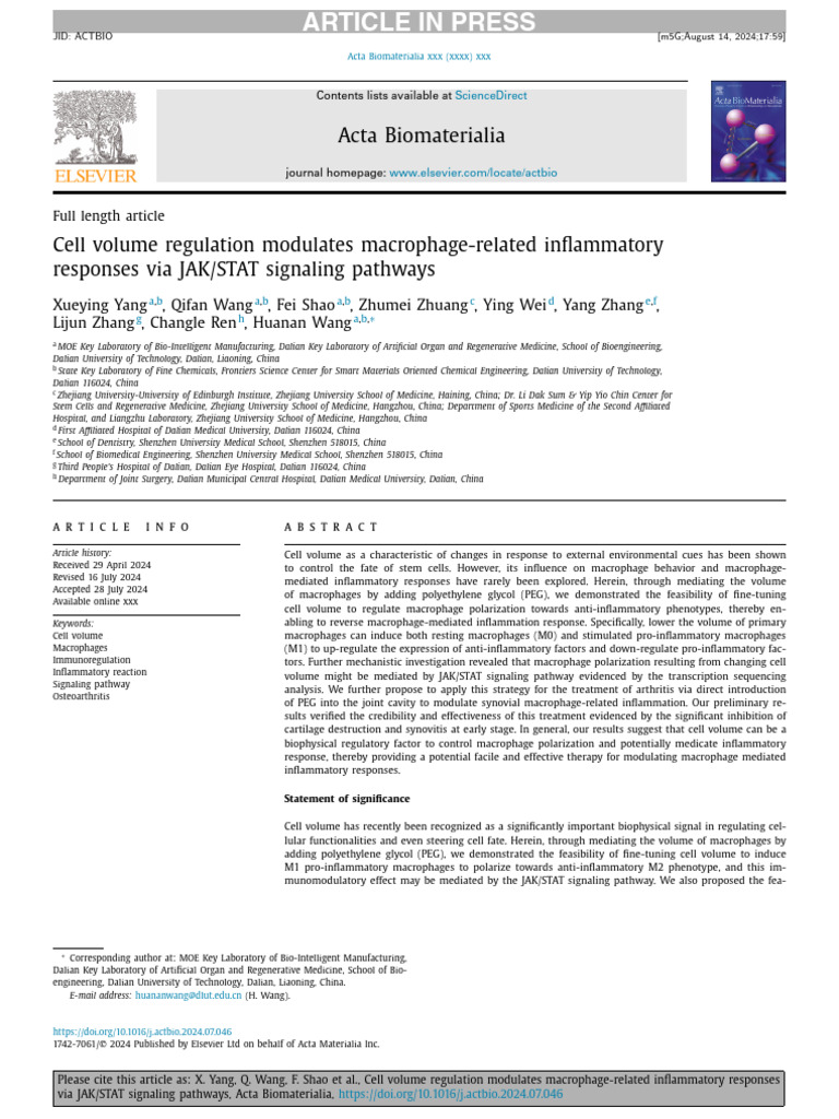 Cell volume regulation modulates macrophage-related inflammatory ...