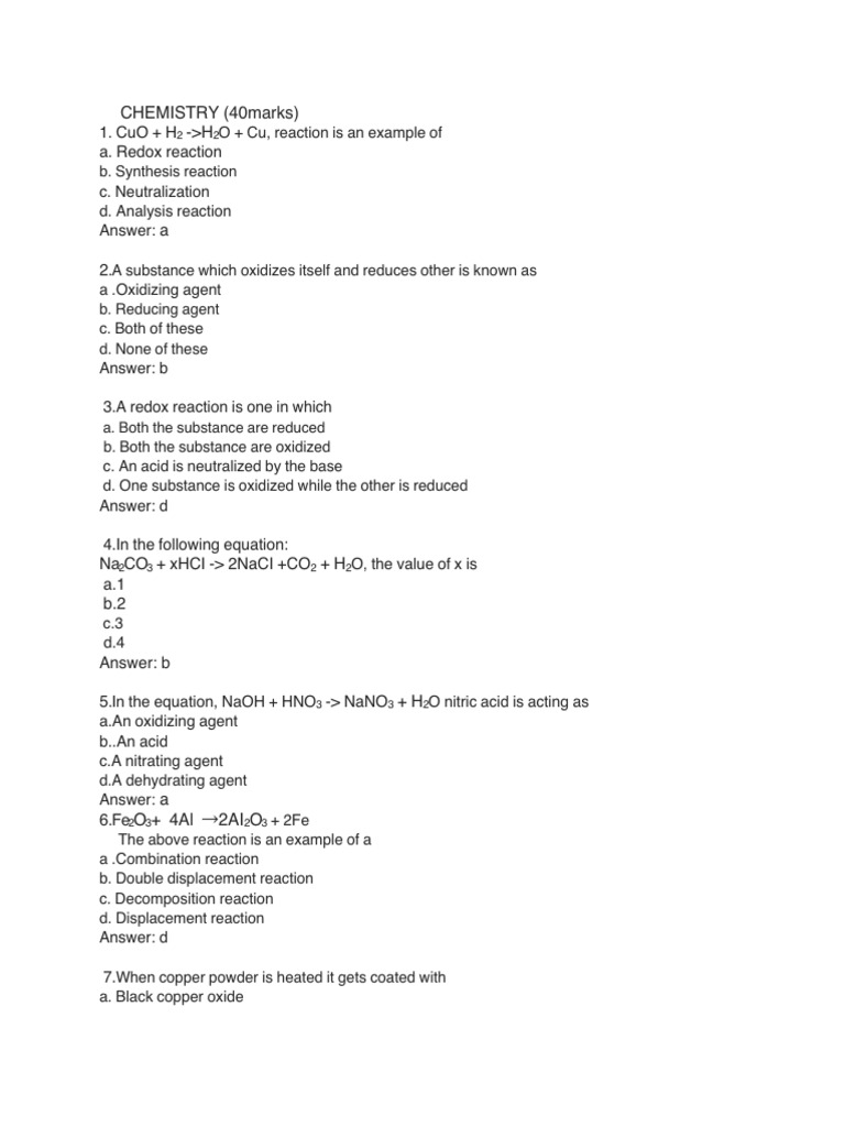 Class 10 - Chemistry - Chemical Reactions and Equations - Question Bank ...