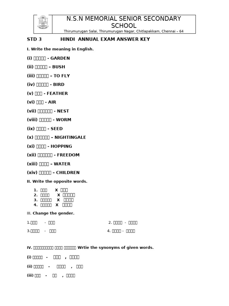 Hindi Annual Exam Answer Key | PDF