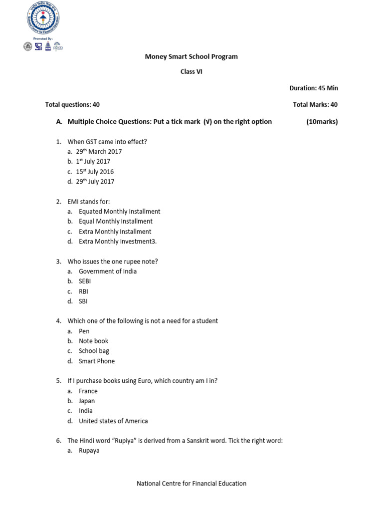 Class VI Question Paper | PDF