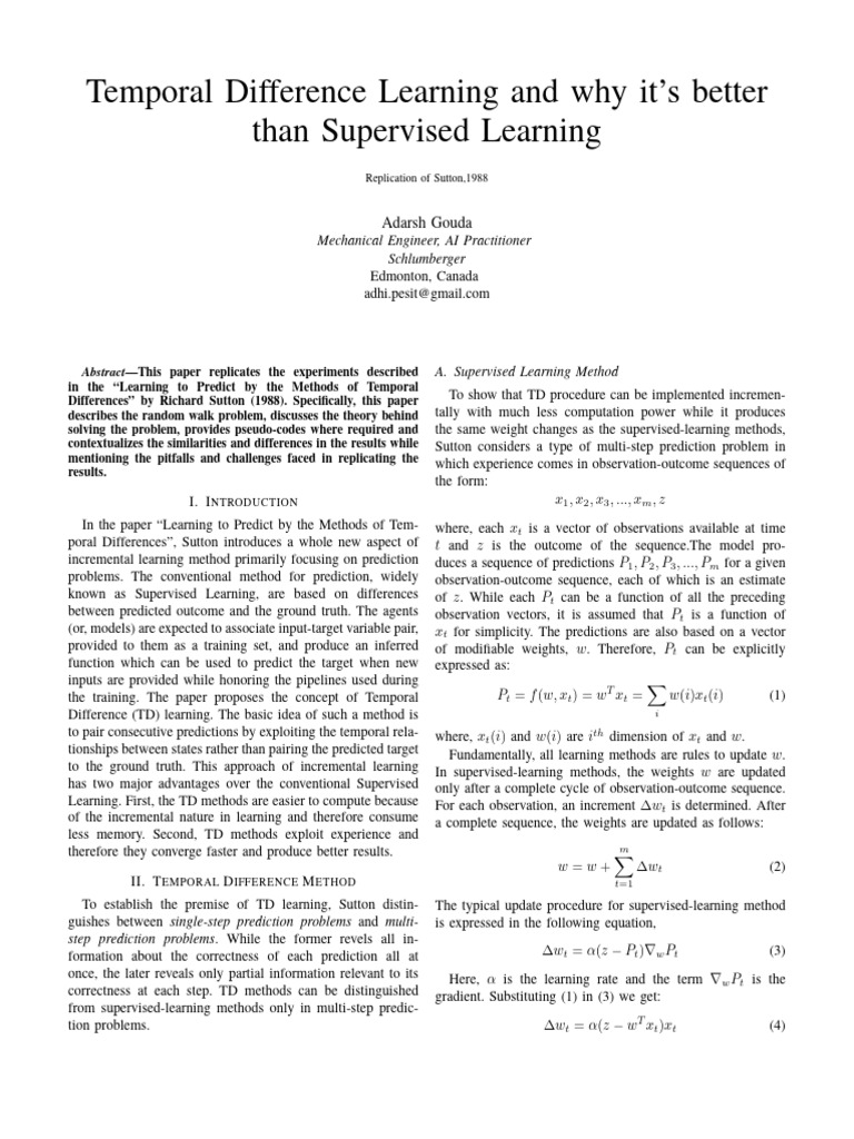 Temporal Difference Learning and Why It's Better Than Supervised Learning | PDF