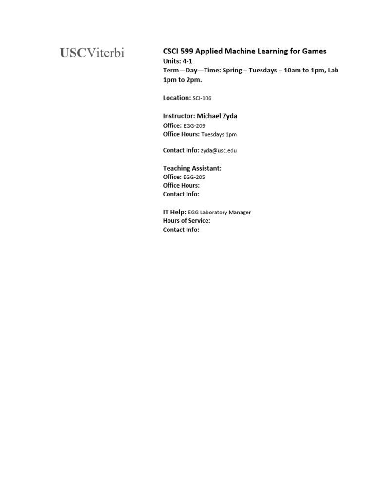 Uscviterbi: Csci 599 Applied Machine Learning For Games | PDF