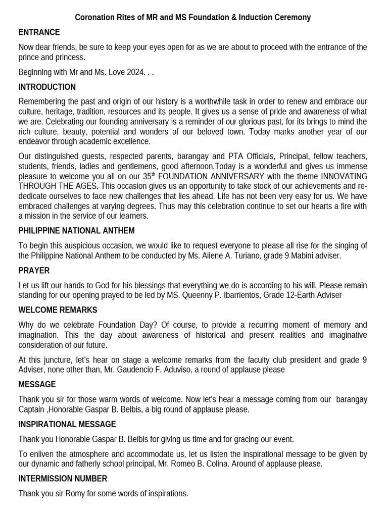 Coronation Rites of MR and MS Foundation Script | PDF