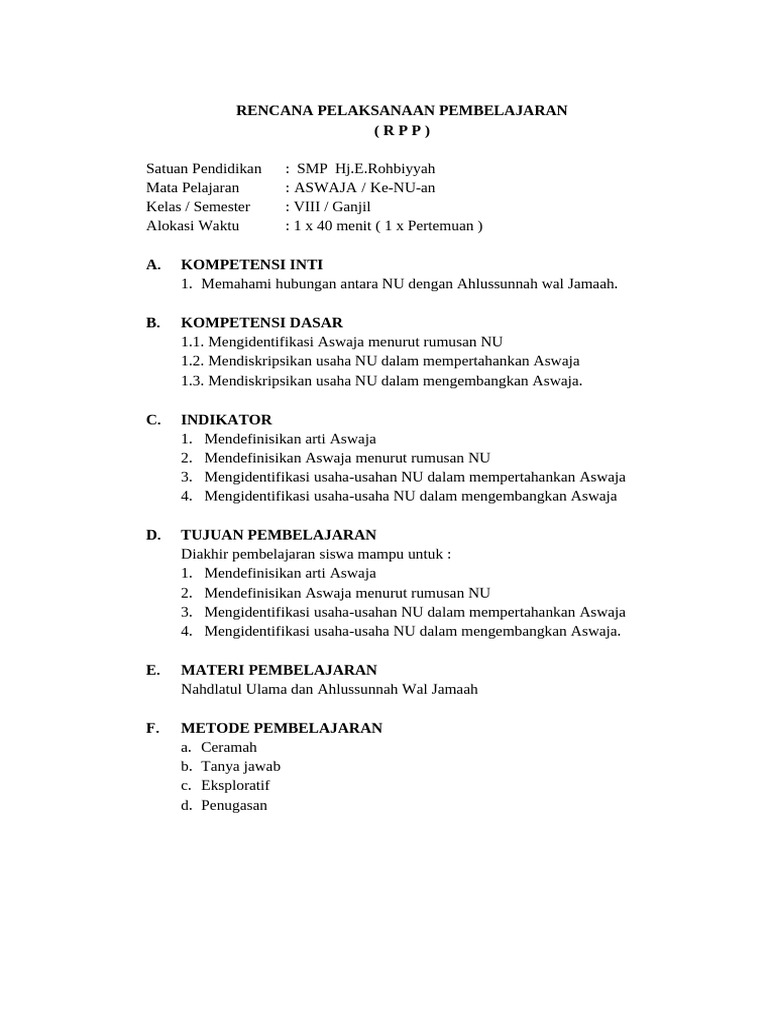 RPP Aswaja KLS Viii 2 | PDF