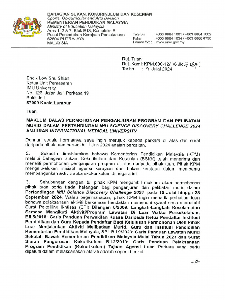 IMU SDC 2024 (MOE Approval Letter) | PDF