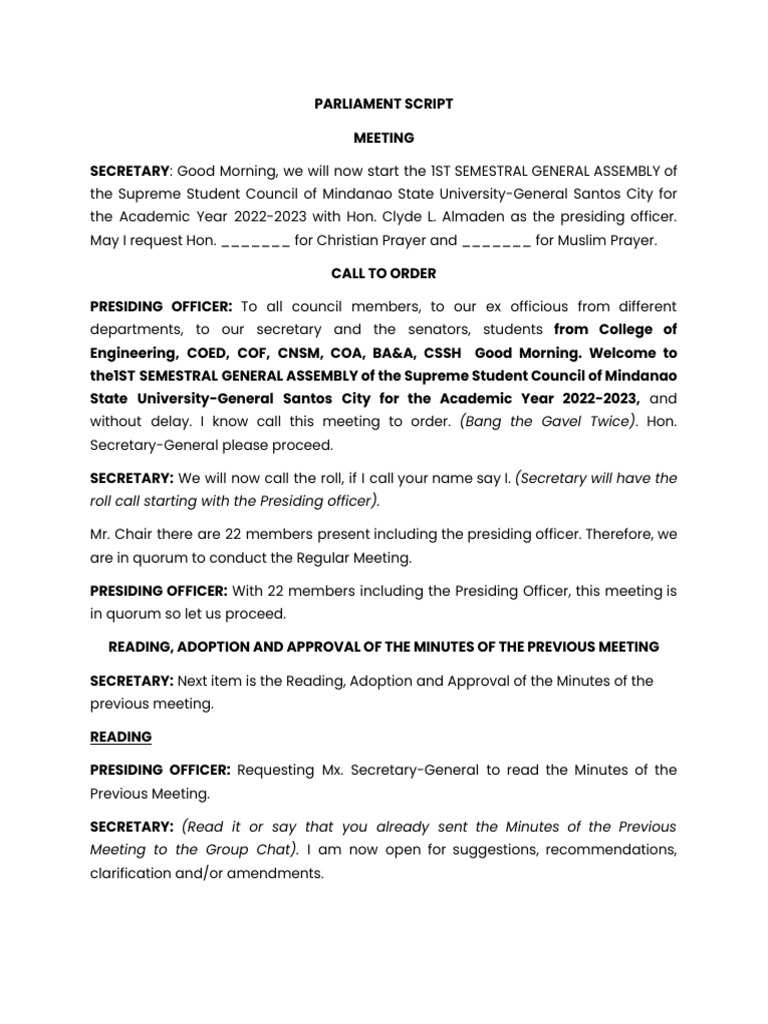 Parliament Script - Docx Google Docs | PDF | Political Law | Career & Growth