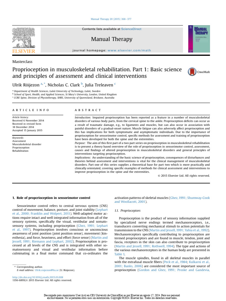 Proprioception in Musculoskeletal Rehabilitation. Part 1 - Basic ...