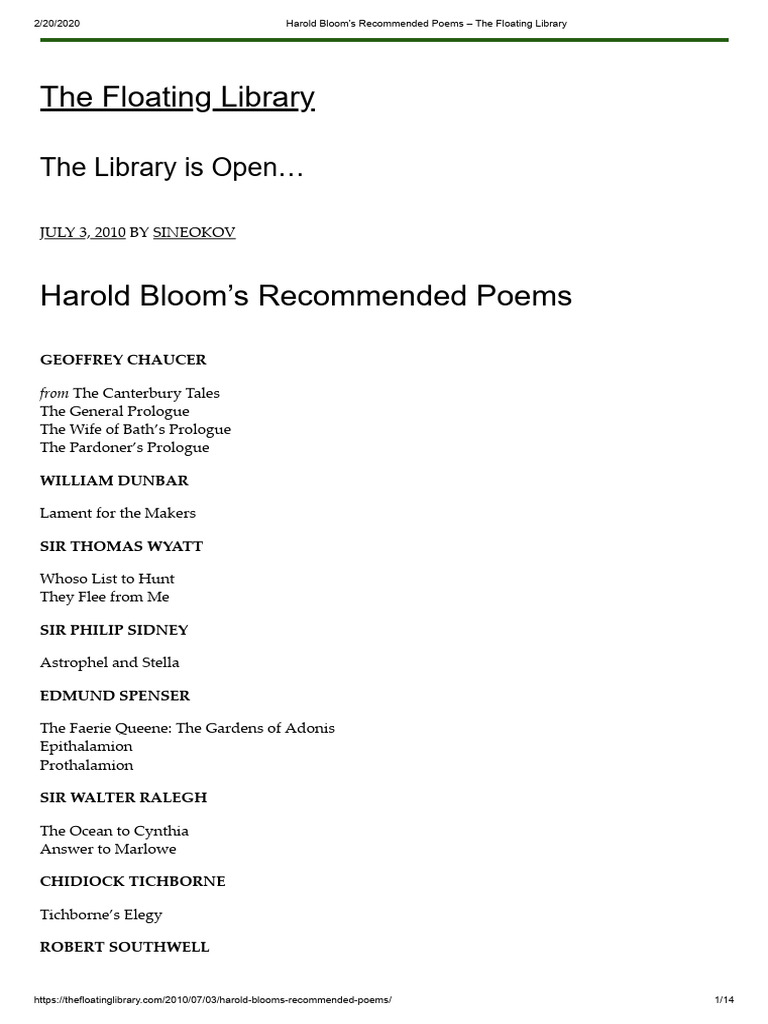 Harold Bloom's Recommended Poems - The Floating Library | PDF