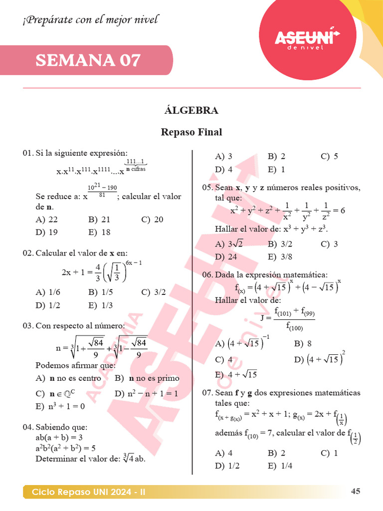 Repaso Uni - ALGEBRA -SEMANA 7 | PDF