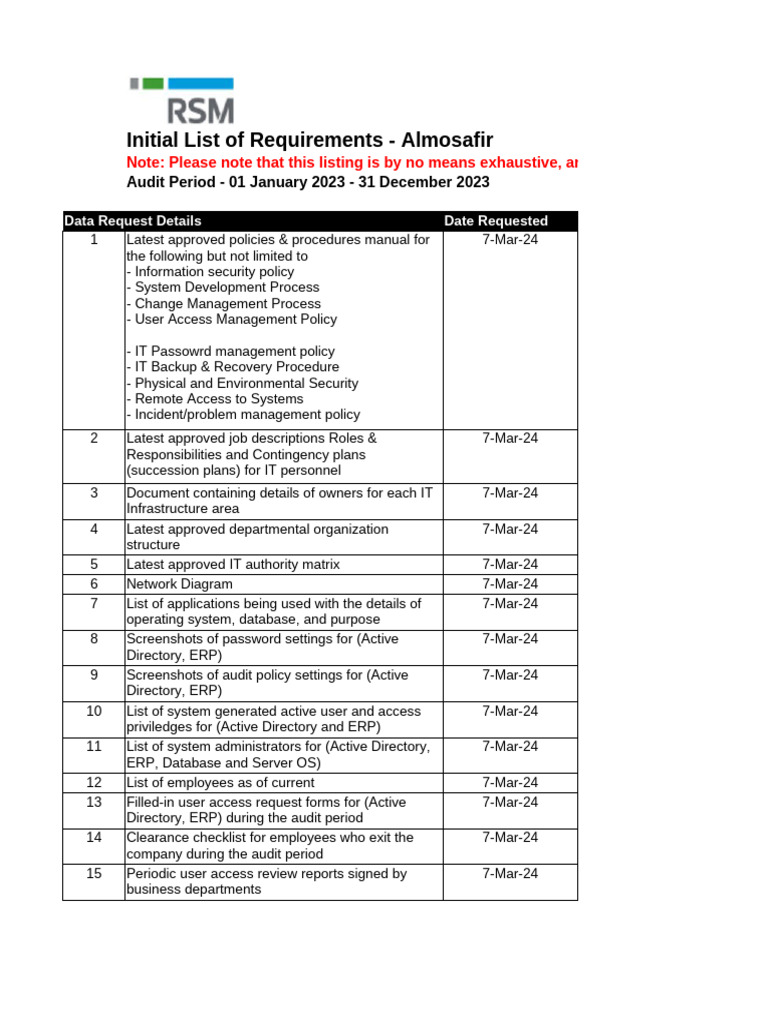 ITGC - IRL - Initial Requirement List - Almosafir | PDF