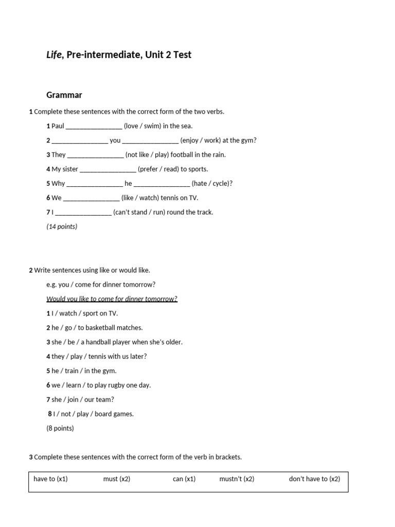 Life PreInt Unit2 Test | PDF