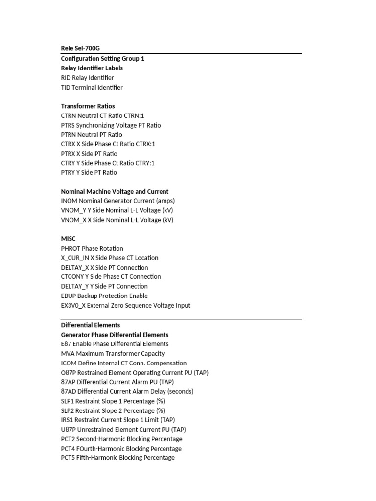 Ajustes y Programacion Rele SEL-700G Generadores | PDF