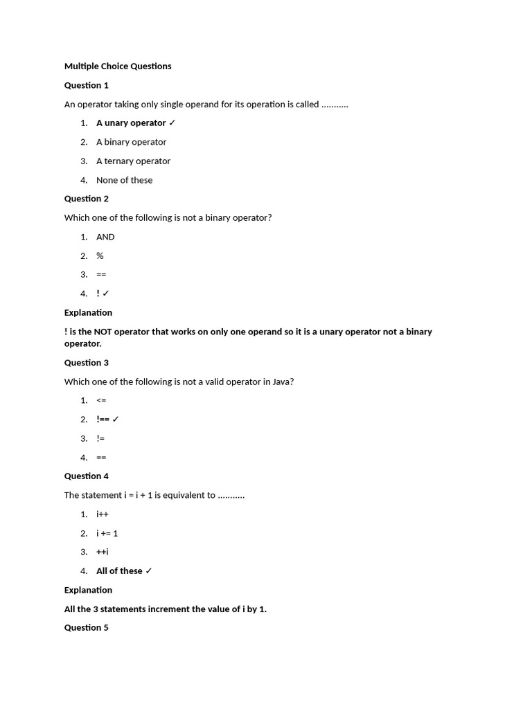 Multiple Choice Question2Chapter 5 Operators in Java Class 9 - Logix ...