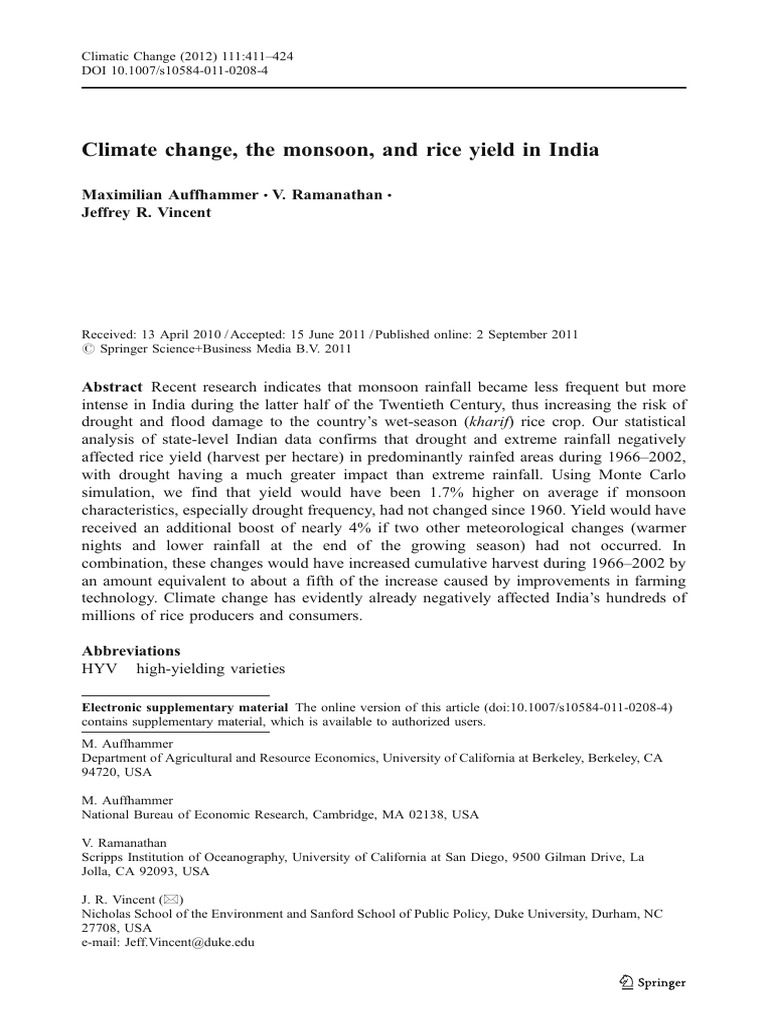 Auffhammer Et Al. - 2012 - Climate Change, The Monsoon, and Rice Yield ...