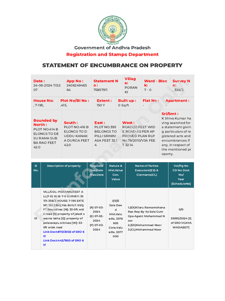 E-Encumbrance Service K Shiva Kumar | PDF