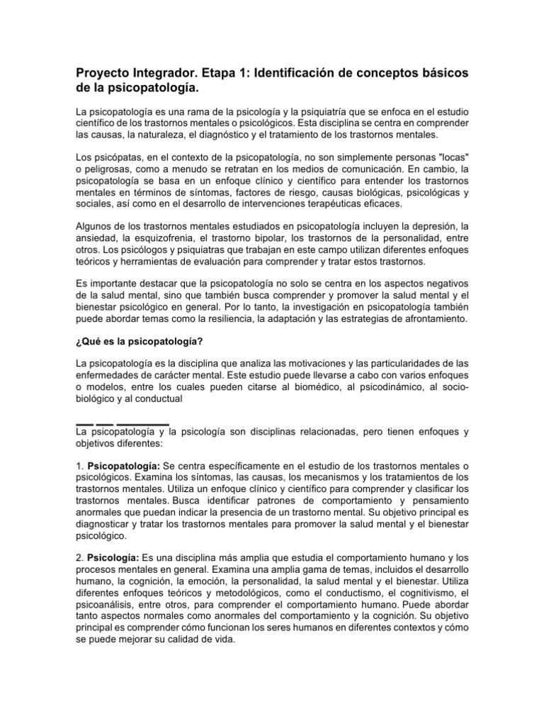 Proyecto Integrador. Etapa 1: Identificación de Conceptos Básicos de La Psicopatología. | PDF