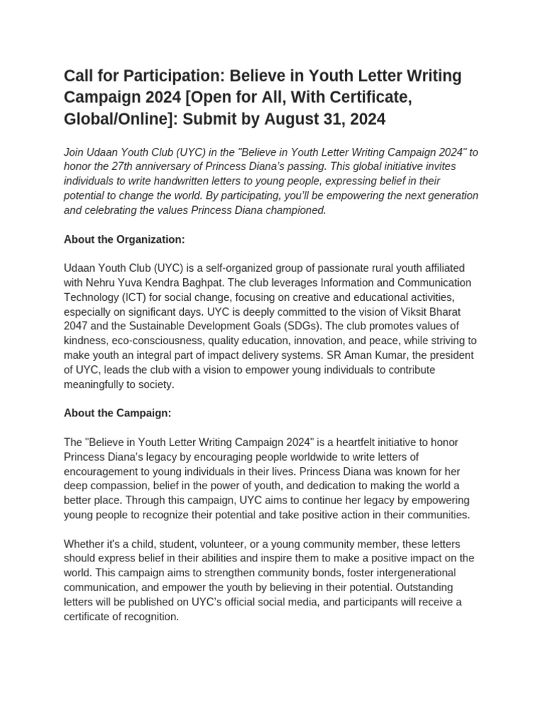 Believe in Youth Letter Writing Campaign 2024 | PDF | Social Science ...