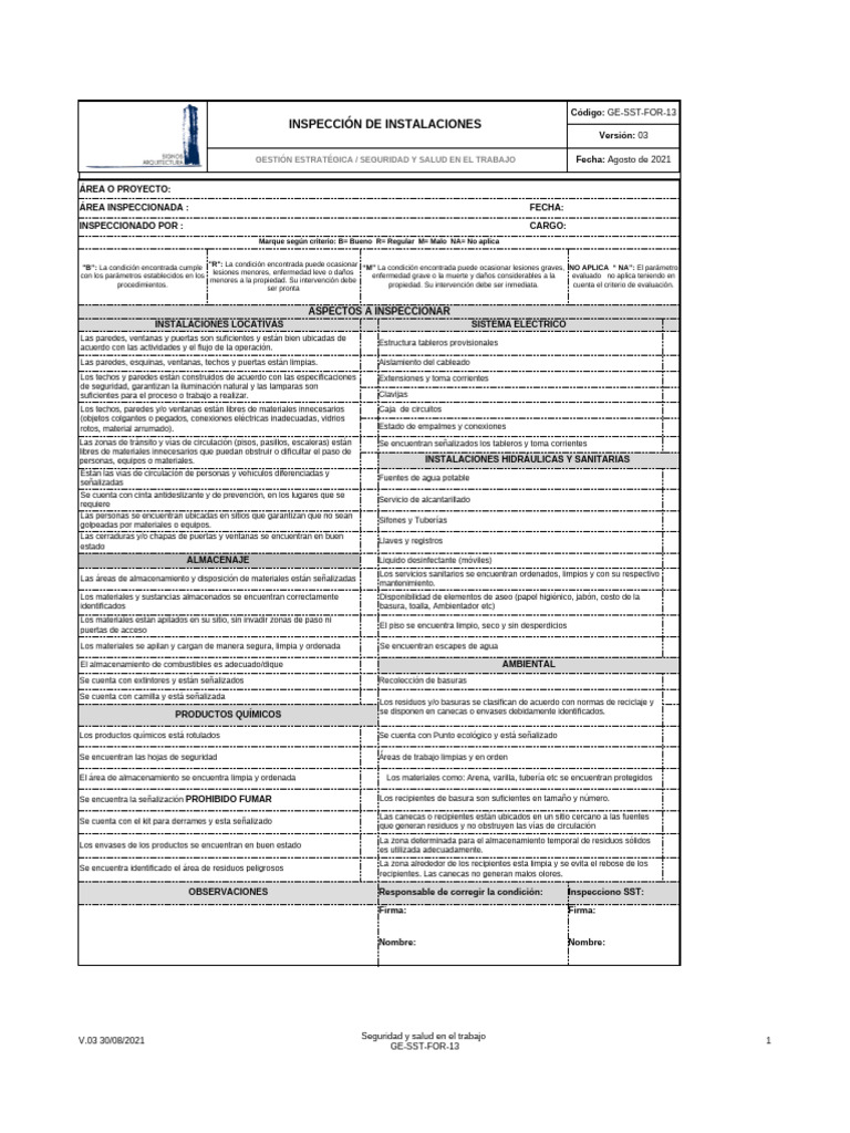 GE-SST-FOR-13 Inspecci N de Instalaciones V.03 | PDF