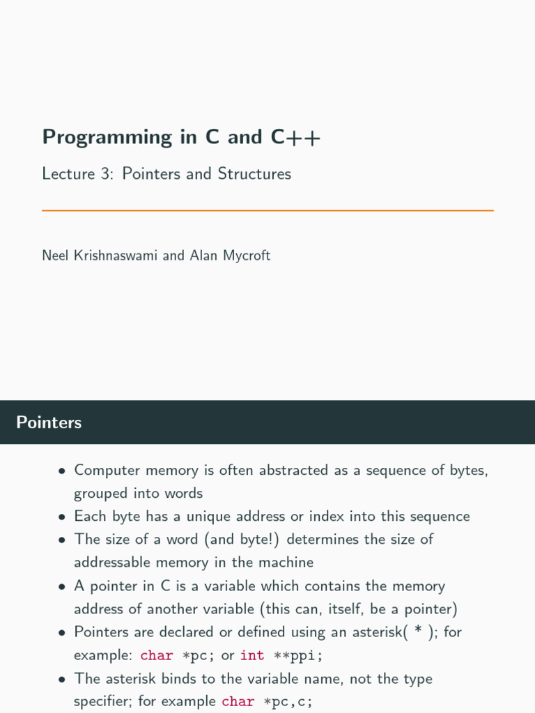 Programming In C And C Lecture 3 Pointers And Structures Pdf