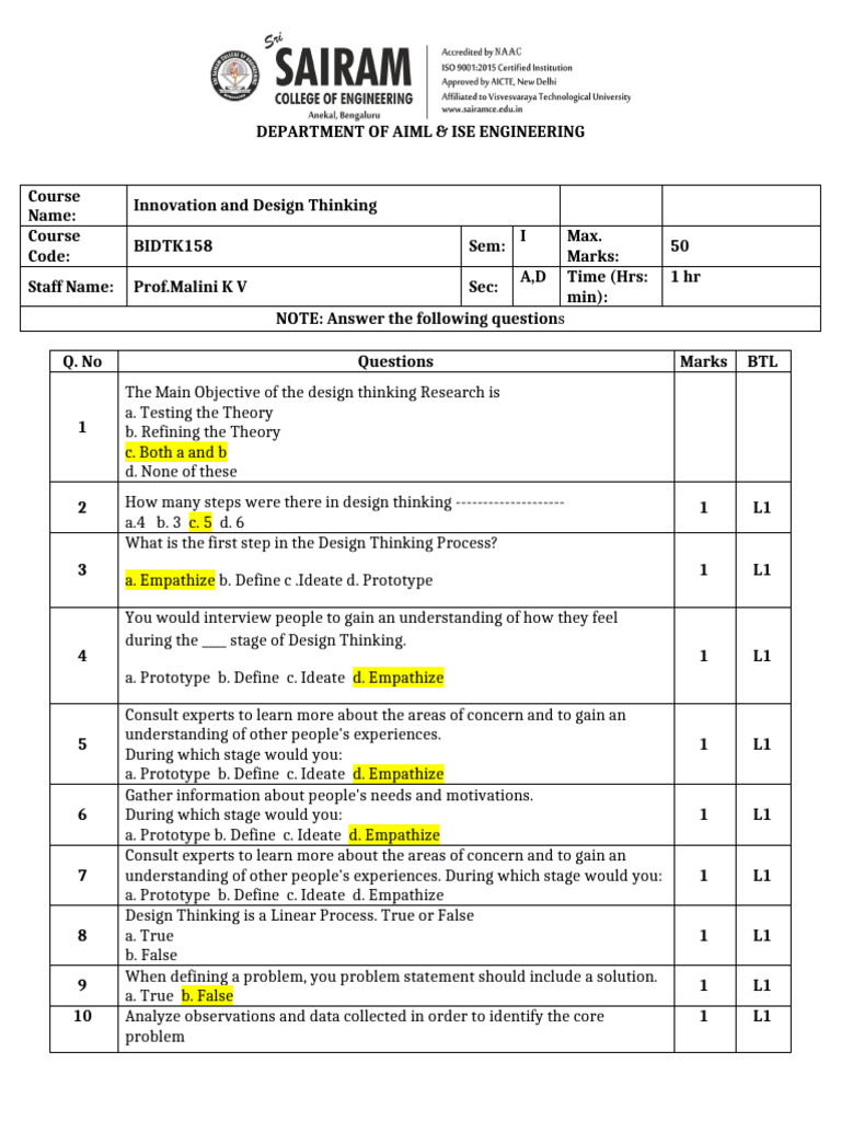 Bidtk158 - Idt - Mod1 and Mod2 Question Bank With Answers - Malini K V ...