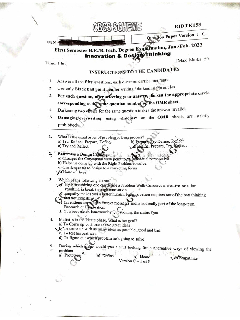 Key Answers For Innovation and Design Thinking Vtu 2023 Exam | PDF