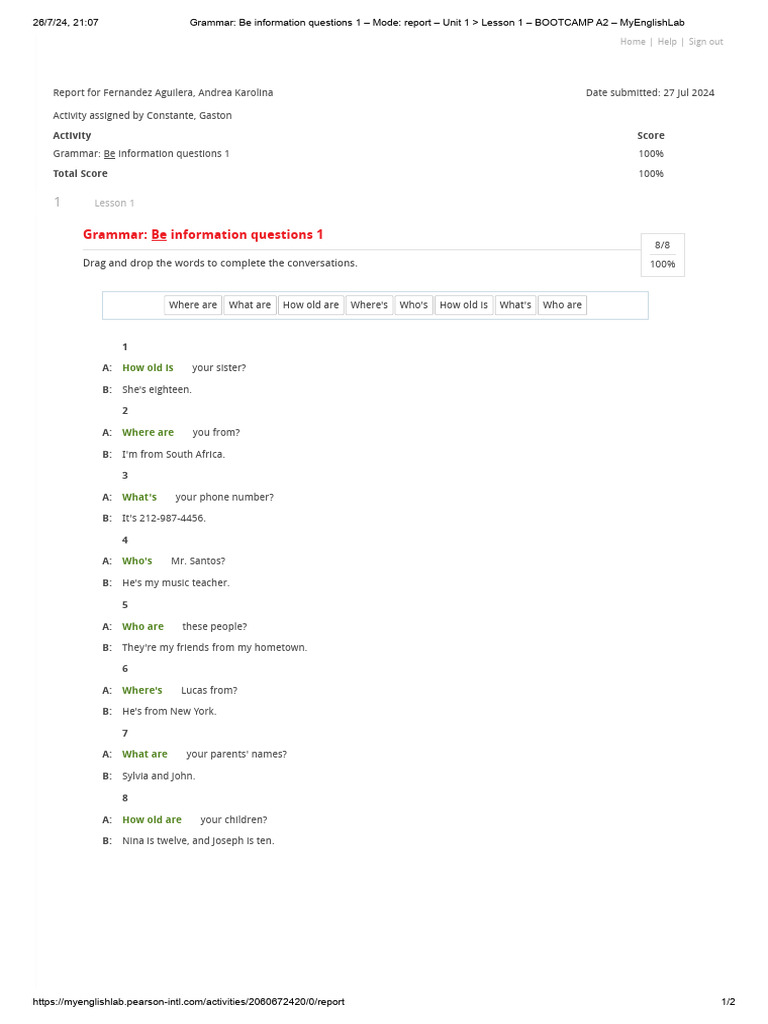 Grammar - Be Information Questions 1 - Mode - Report - Unit 1 - Lesson ...