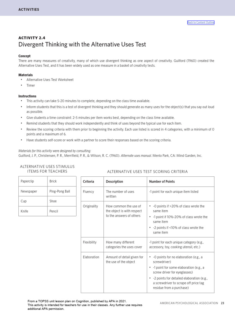 Divergent Thinking With Alternative Uses Test | PDF