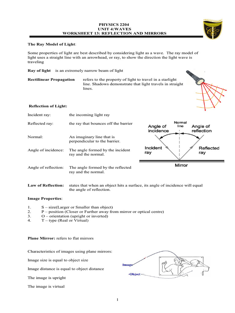 physics_2204_worksheet_13_reflection_and_mirrors_2016-2017 | PDF