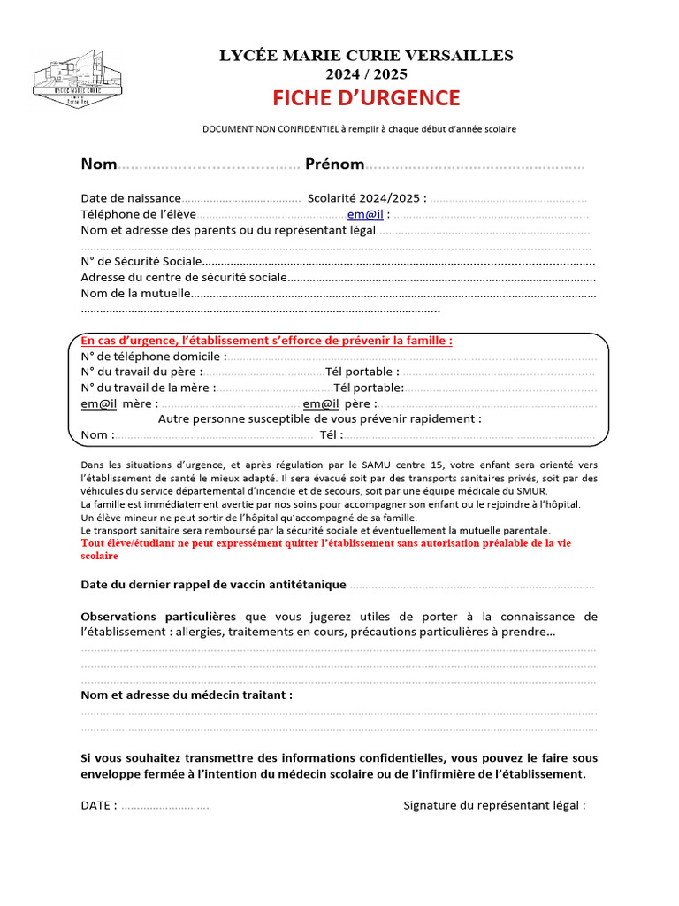 Fiche D Urgence 2024 | PDF