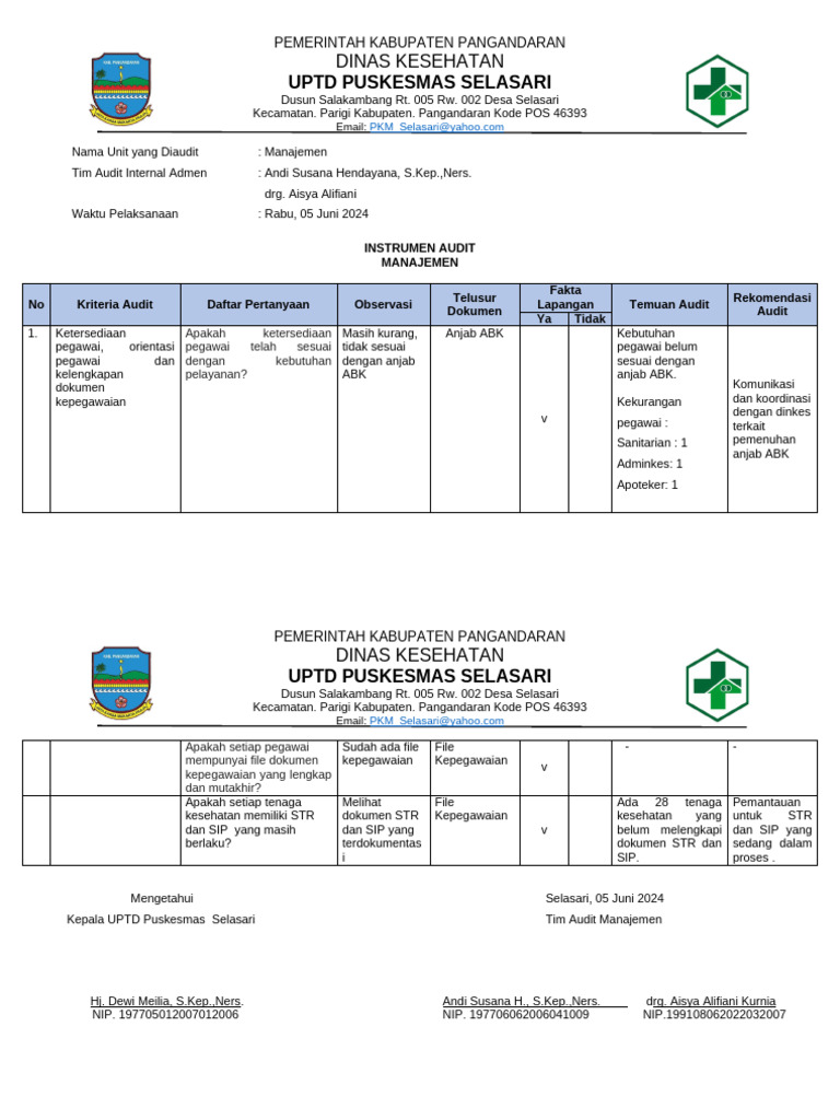 INSTRUMEN AUDIT INTERNAL MANAJEMEN JUNI 2024 | PDF