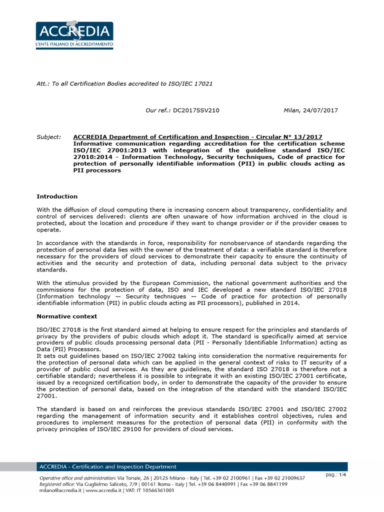 Circolare - ISO 27018 | PDF