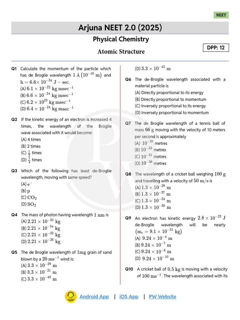 Atomic Structure Dpp 12 Of Lec 19 Arjuna Neet 2 0 2025 Pdf