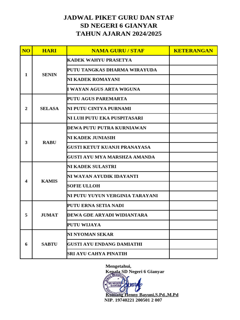 Jadwal Piket Guru 2024 | PDF