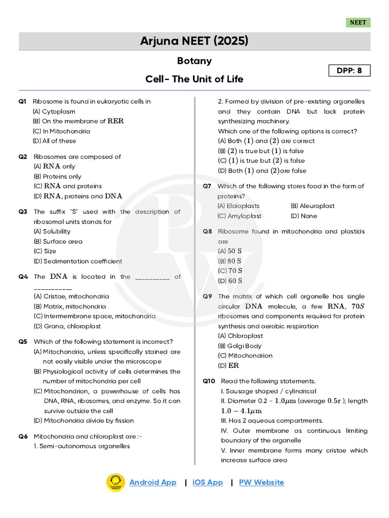 Cell The Unit of Life - DPP-08 - Arjuna NEET 2025 | PDF