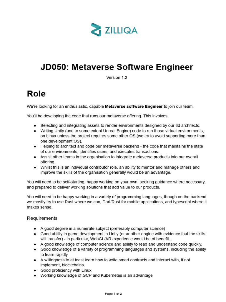JD050 Metaverse Software Engineer 1.2 | PDF | Computer Programming | Computers