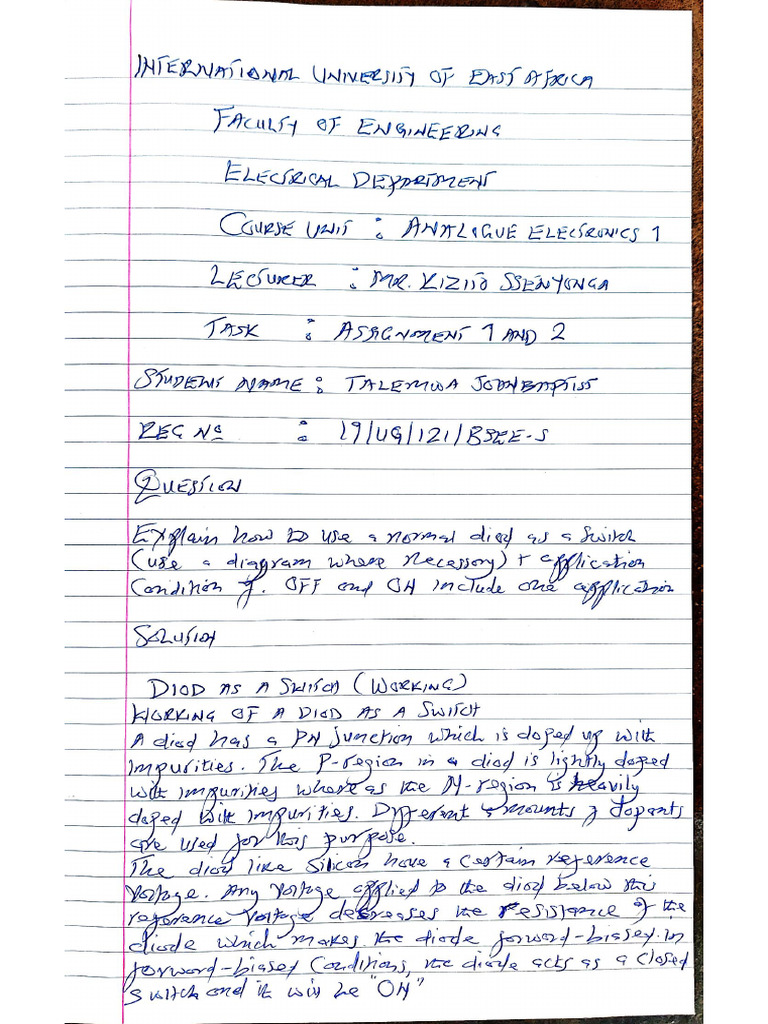 Talemwa Analogue Electronics 1 Assignment 1& 2 | PDF