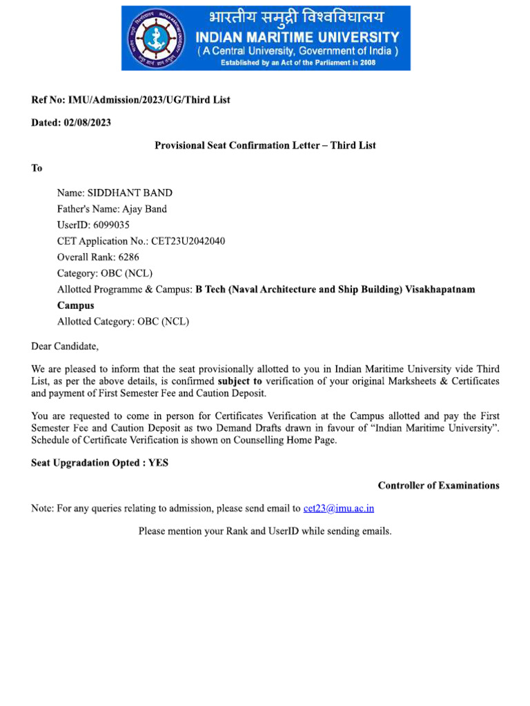 IMUCET SEAT CONFIRMATION | PDF
