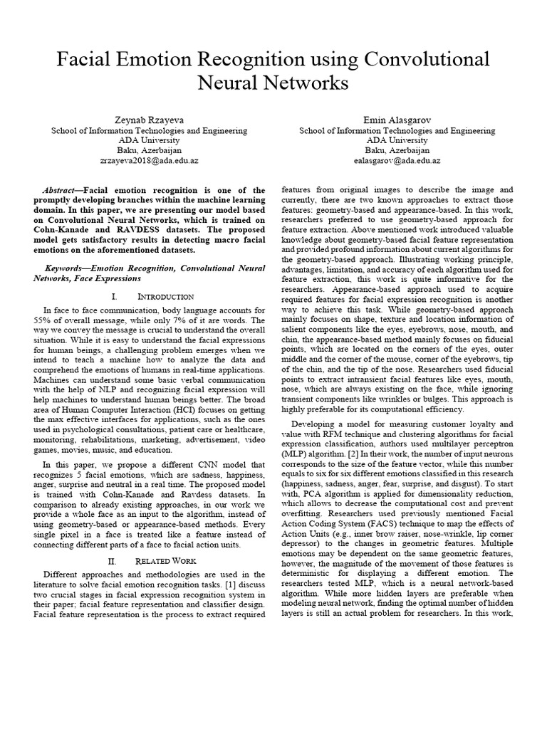 Facial Emotion Recognition Using Convolutional Neural Networks Pdf
