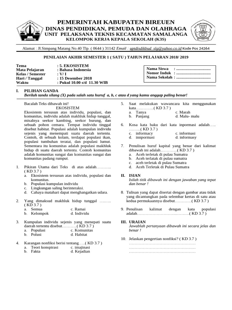 Soal Kelas 5 Tema 5 B. Indo | PDF