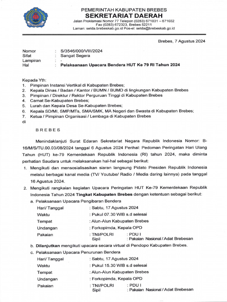 Surat Edaran Pelaksanaan Upacara Bendera Hut Ke 79 - 001 | PDF