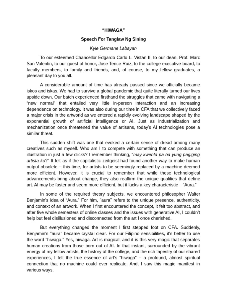 Speech For Tanglaw NG Sining | PDF