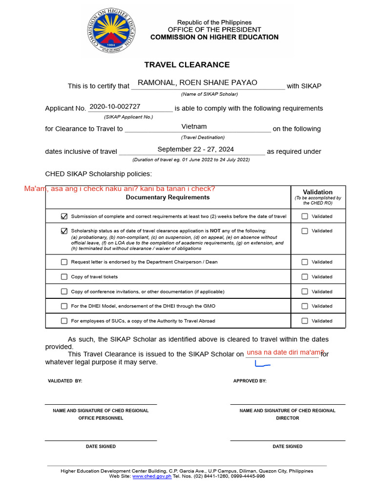 (SIKAP-RL-TCA) Travel Clearance Application - Ramonal | PDF